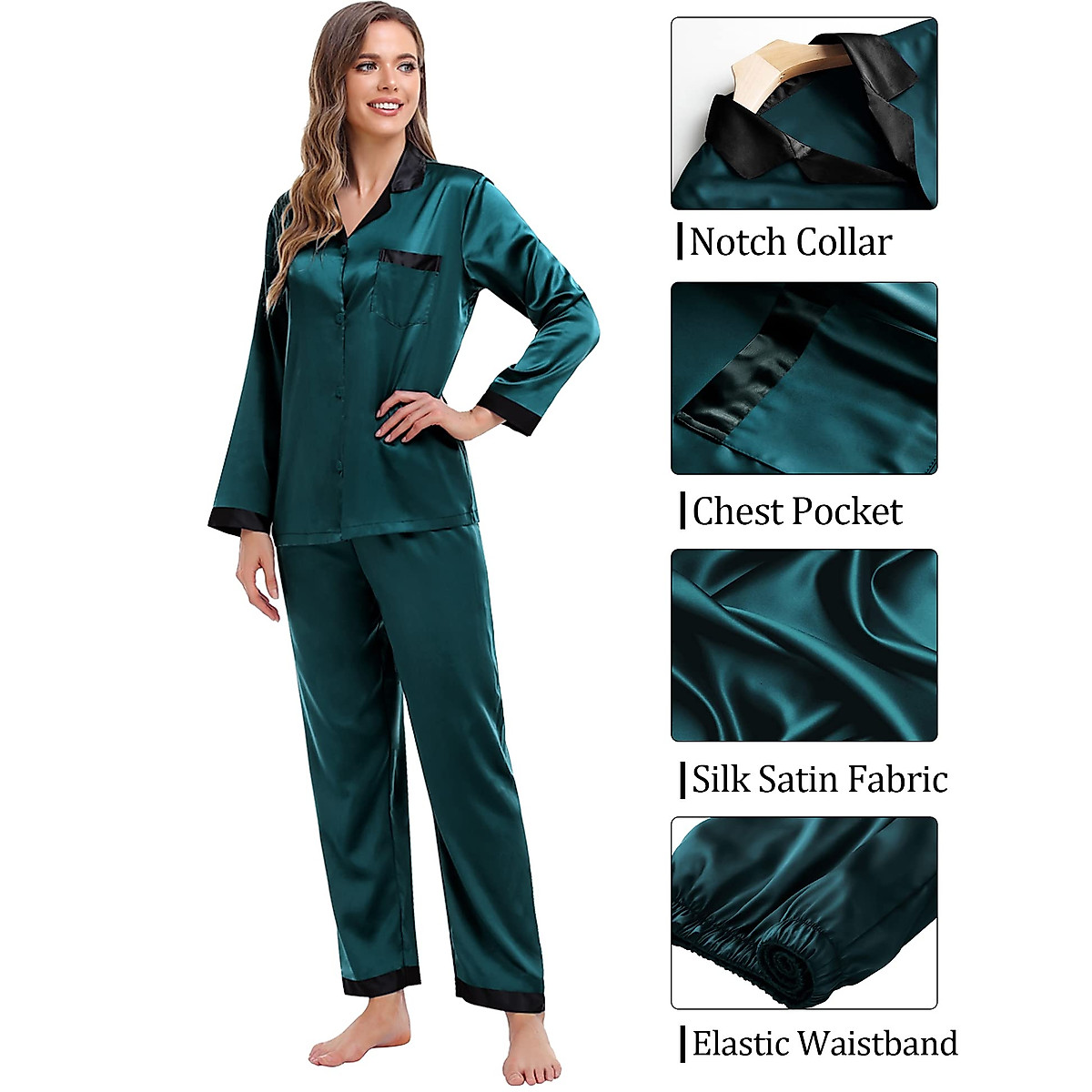 SWOMOG Couples Pajama Sets Women & Men Silky Satin Long Sleeve Sleepwear Classic Button Down Soft Loungewear Pjs Set Women Deep Green Large