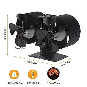 BAISHARK Wood Stove Fan, Heat Powered Stove Fan, Fireplace Fan with Magnetic Surface Thermometer, Eco Stove Fan for Wood Burner/Burning/Log Burning, Double Motors, 8 Blades