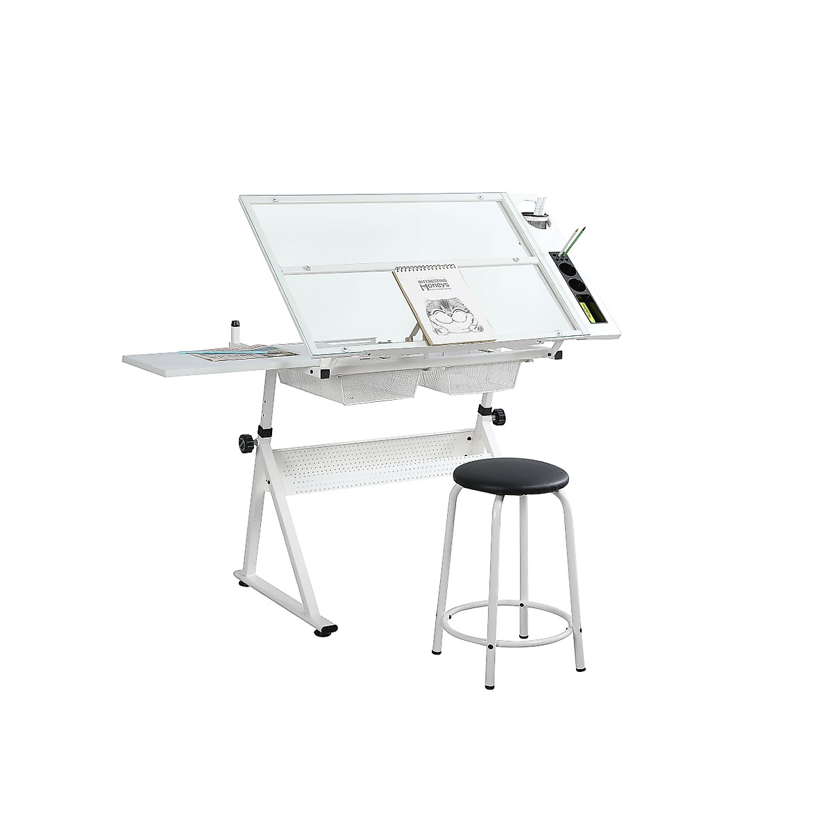 Landpink Glass Drafting Table Art Desk – Adjustable Professhional Artwork Drawing Drafting Table Desk, Glass-Topped Art Table for Craft Station Studio Home Office School w/Drawers/Chair (White)