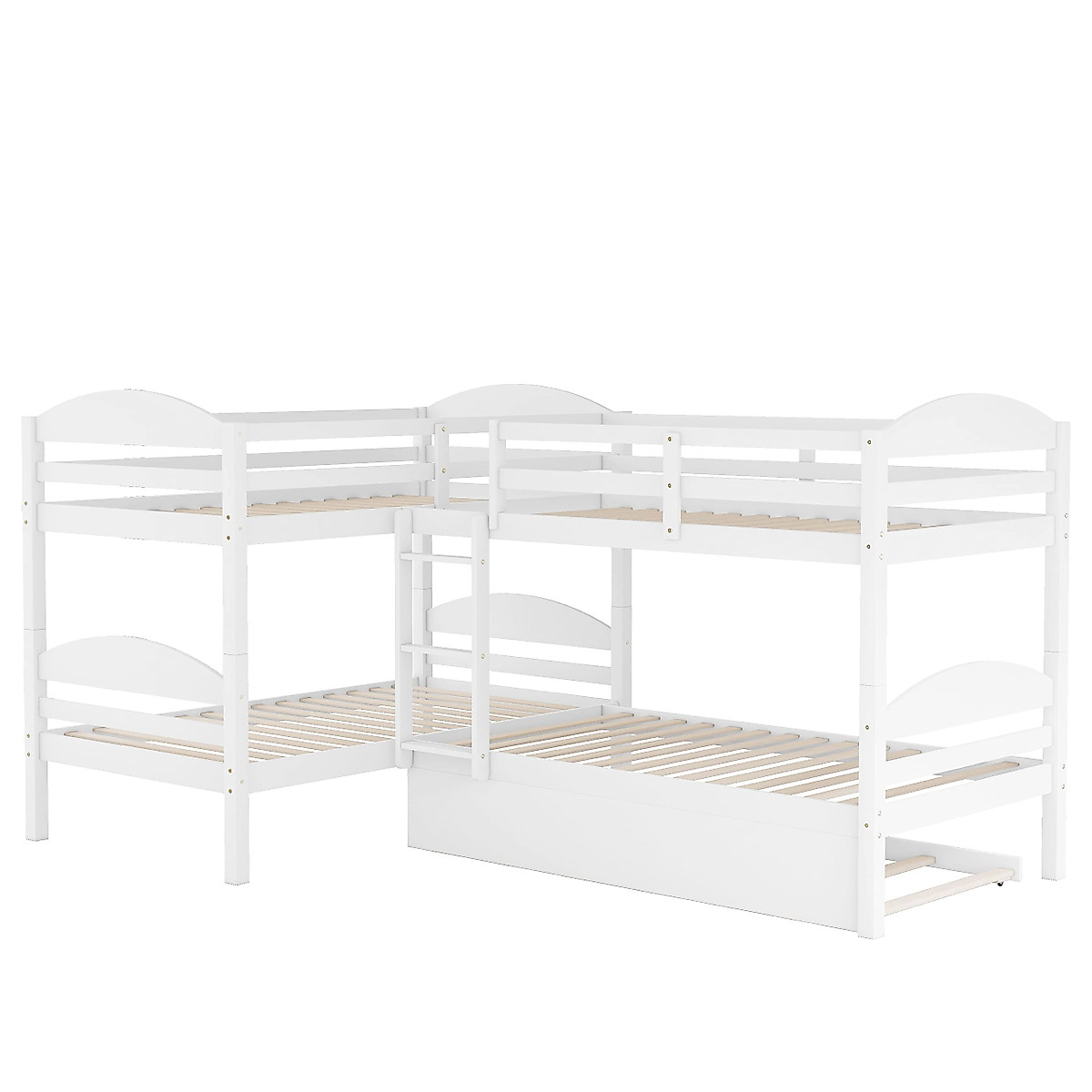 Bellemave Quad Bunk Bed with Trundle L-Shape Bunk Bed Twin Over Twin Corner Bunk Bed for 4 or 5 Kids Boys Girls Teens, White