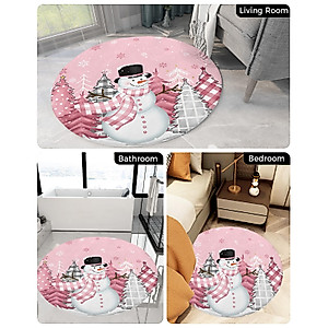 Blush Pink Snowman Fluffy Round Area Rug Carpets 4ft, Plush Shaggy Carpet Soft Circular Rugs, Non-Slip Fuzzy Accent Floor Mat for Living Room Bedroom Nursery Home Decor Christmas Dot Plaid Tree