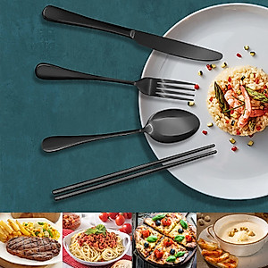 Travel Silverware Set with Case,Travel Flatware Set Includes Chopsticks Reusable,Fork, Knife and Straws, Black Utensils Set, Reusable Silverware for Lunch