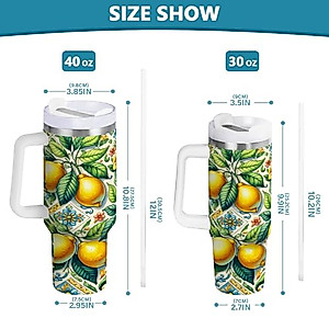 Jihqo Ceramic Tile Lemon Leaves 40 oz Stainless Steel Vacuum Insulated Tumbler with Handle and Straw Lid, Leakproof Water Bottle Double Wall Travel Mug Coffee Cup, Cupholder Friendly