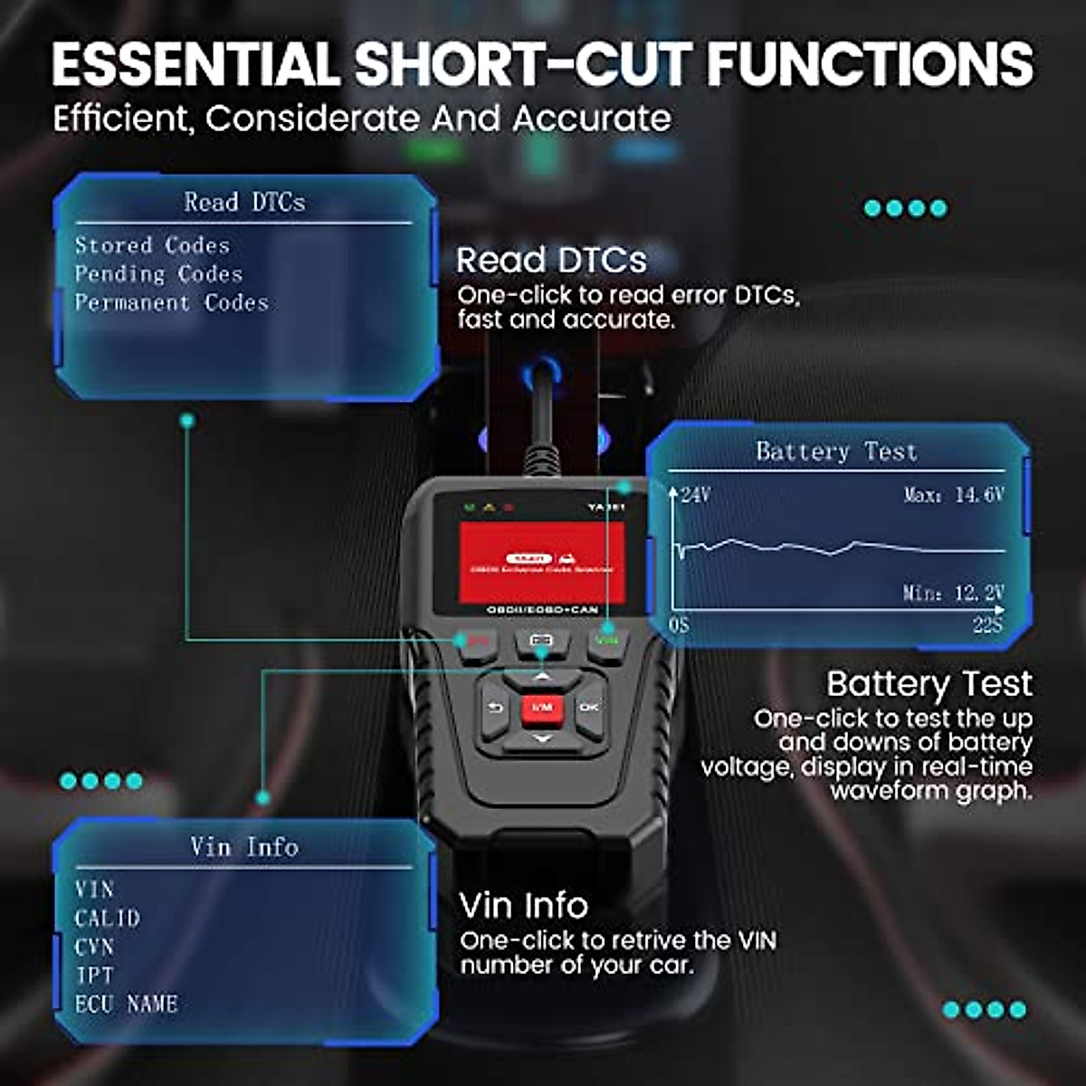 ELMCONFIG OBD2 Scanner, Car OBD2 Scanner Code Reader with 4 Shortcut Keys & Print Function Options, YA301 Upgraded Check Engine Diagnostic Tool for All OBDII Vehicles After 1996