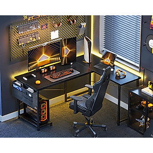 Casaottima 50 inch L Shaped Desk, Computer Desk with Removable PC Stand, Reversible Home Office Desk with Storage Bag for Gaming Writing, Corner Desk for Bedroom, Small Space, Black