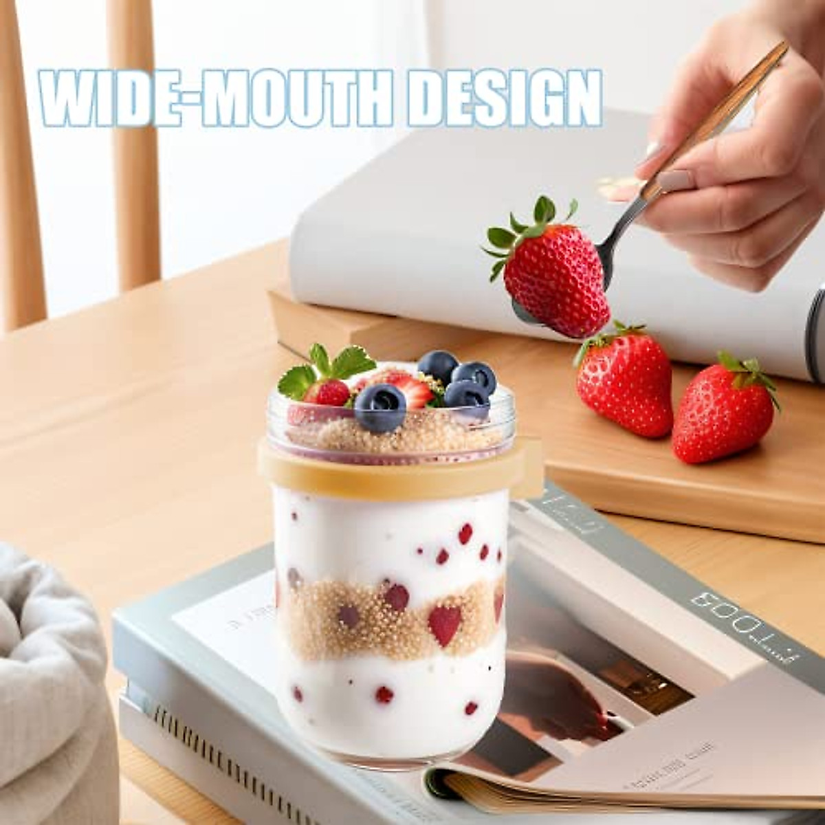 4 Pack Overnight Oats Containers with Lids and Spoons, 12 oz Airtight Mason Overnight Oats Jars, Meal Prep Container Reusable for Cereal, Fruit, Chia Pudding, Salad, Milk with Measurement Mark