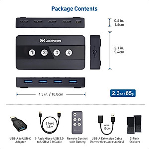 Cable Matters 4 Port USB 3.0 Switch USB Sharing Switch for 4 Computers and USB Peripherals - Button or Wireless Remote Control Switching - Includes a USB-C Adapter for USB-C USB4 and Thunderbolt 4