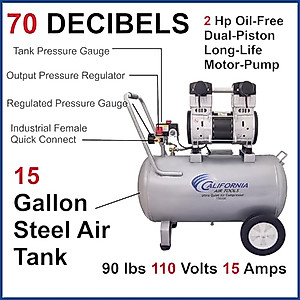 California Air Tools 15020C Ultra Quiet & Oil-Free 2.0 Hp 15.0 gallon Steel Tank Air Compressor