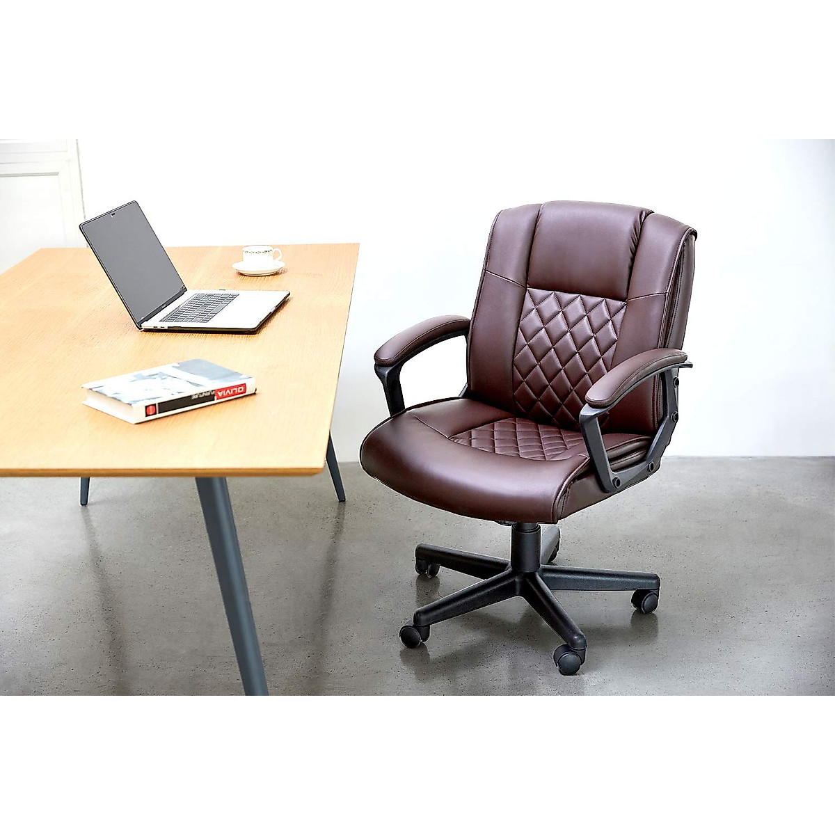 Qulomvs Executive Office Chair Mid Back, Ergonomic Office Desk Chair with Wheels Back Support, Computer Task Work Chair with Arms 360 Swivel (Brown)