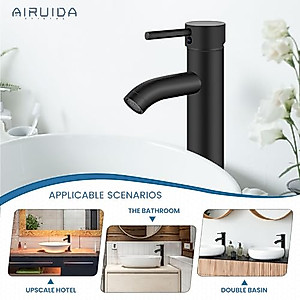 Airuida Matte Black 1 Hole Deck Mount Bathroom Faucet, Sturdy Stainless Steel Construction, Circular Waterfall Spout Design, Easy Installation