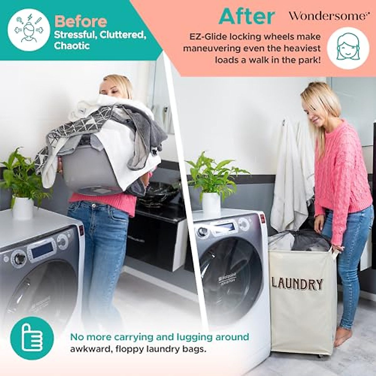 Wondersome Laundry Hamper with Wheels - Farmhouse Cream - 90-Liter Extra Large Collapsible Rolling Clothes Cart - Heavy Duty Locking Metal Wheel Tall Rectangular Canvas Storage Basket - US-Based Brand