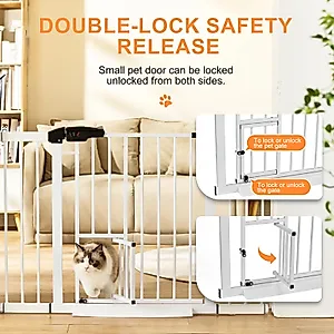 NCDCNI Pet Gate for Dogs, Dog Gate Indoor with Cat Door Walk Through Auto Close Pet Gate for Stairs Safety Gate Doggy Gate Pressure Mounted Kit Included [29.9-48" Extra Wide & 31.5" Height]