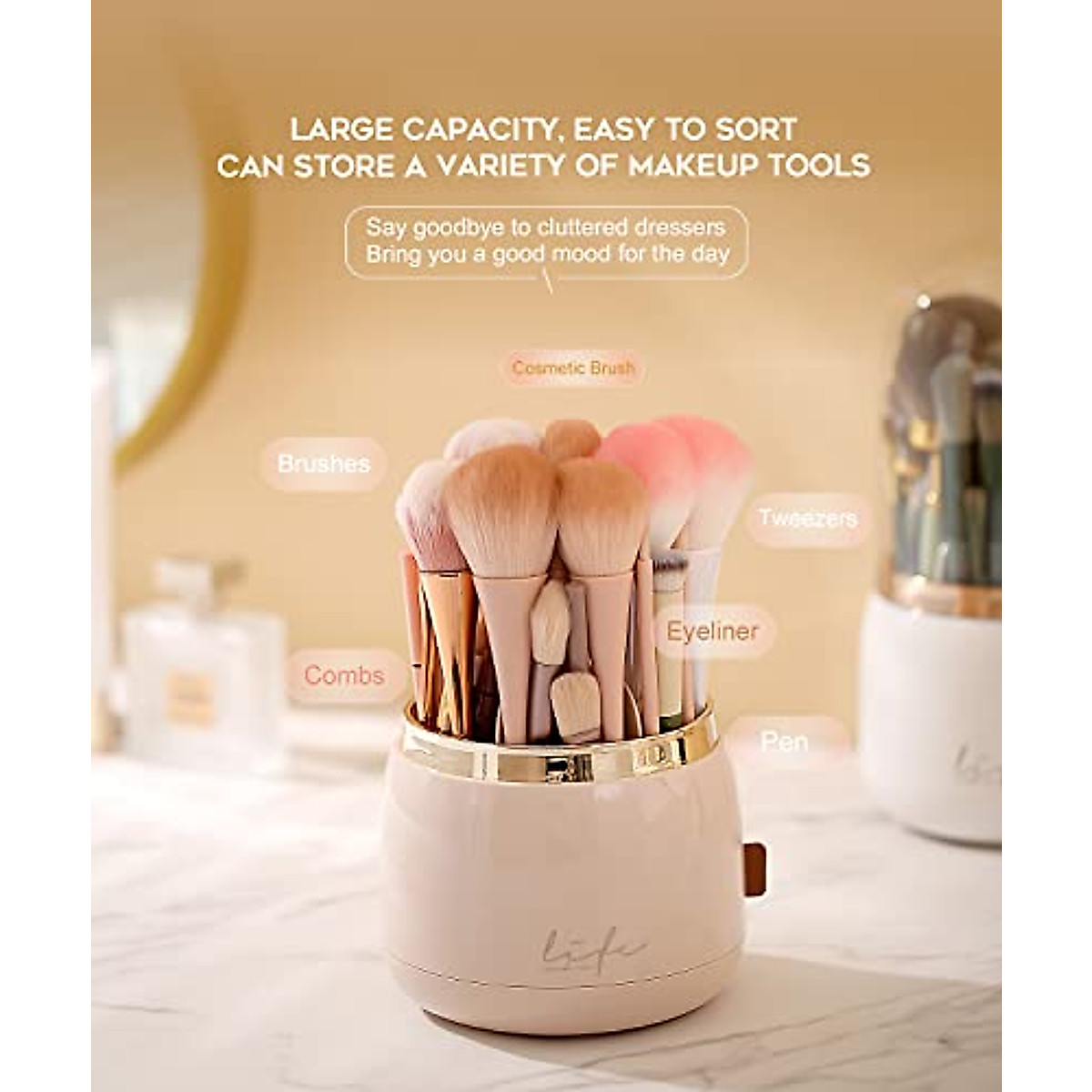 Y.duck Pink Makeup Brush Holder with Lid - 360 Rotating Makeup Organizer for Vanity - Dustproof Make Up Organizers and Storage-With Makeup Brush Cleaner Mat (White)