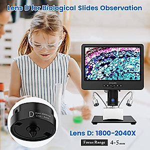 JOYALENS JL249MS 3 Lens 10 Inch LCD HDMI Digital Microscope 2000x, 24MP Soldering Microscope Pro Metal Stand for Vertical Horizontal Adjust, Coin Microscope, Biological Microscope, PC Compatible, 32GB