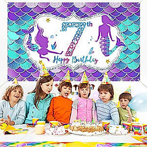 Mermaid 7th Birthday Banner Decorations for Girls, Little Mermaid Themed Happy 7 Year Old Birthday Background Party Supplies, Under The Sea 7 Bday Sign Decor for Outdoor Indoor