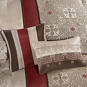 Madison Park Comforter Faux Silk-Traditional Luxurious Jacquard Design All Season Set, Matching Bed Skirt, Decorative Pillows, Cal King(104"x92"), Red 7 Piece