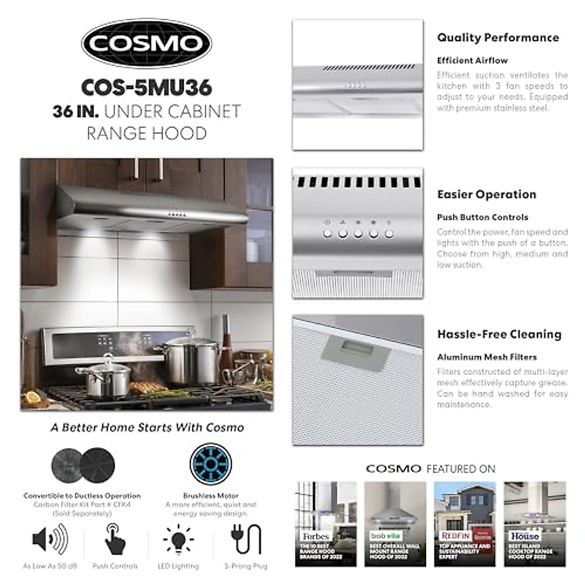 COSMO COS-5MU36 36 in. Delta Collection Ducted Under Cabinet Range Hood, Button Controls, Reusable Filters, LED Lights, Stainless Steel