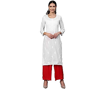Ada Indian Hand Embroidered Chikankari White Cotton Kurti Kurta Tunic for Women A100376 (Small)