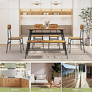 Gizoon 6-Piece Dining Table Set for Home, Kitchen, Dining Room with Storage Racks, Rectangular Kitchen Table with Bench, 4 Chairs, Steel Frame, Brown