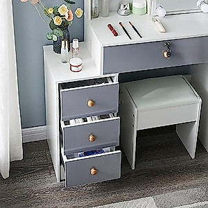 Vanity Desk with Mirror and Lights, Push-Pull Mirror, Makeup Vanity with 4 Drawers, White and Blue Dressing Table for Girls, Makeup Vanity Desk with 3 Light Color Modes