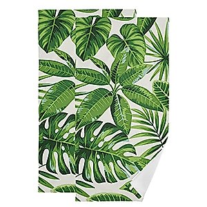 VKPSCHJ Palm Leaf Tropical Bath Hand Towels Summer Theme Green Fingertip Towels Set of 2 Bathroom Kitchen Decor Towel