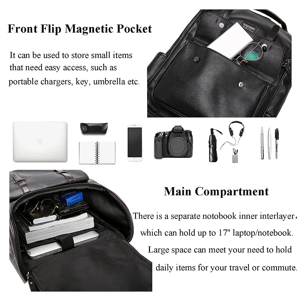 CHAO RAN Vintage Leather Backpack For Men Business Laptop Backpack With Charge Port Black Waterproof College School Bag