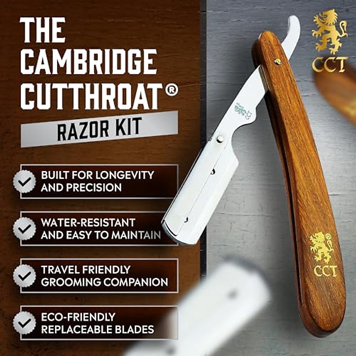 The Cambridge Cutthroat® Cut Throat Razor Kit with Blades & Travel Pouch - Missanda Hardwood & Stainless Steel Professional Barber Shaver Men - Straight Edge Moustache & Beard Shaper