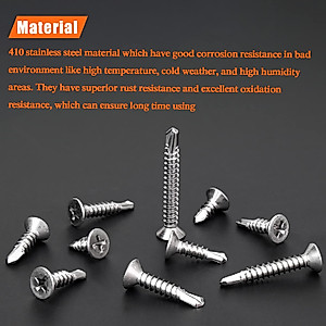 HELIFOUNER #10 x1/2", 5/8", 3/4", 1", 1-1/4", 1-1/2" Self Drilling Screws Sheet Metal Screws Assortment Kit, 410 Stainless Steel (#10 Countersunk Head)