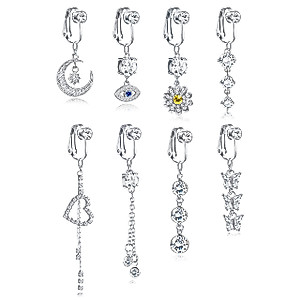 YADOCA 8 Pcs Fake Belly Piercing for Women Fake Belly Ring Dangle Piercings CZ Non Piercing Jewelry Clip on Belly Button Rings