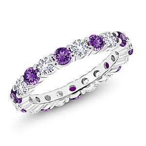 Gem Stone King 925 Sterling Silver 3MM Purple Amethyst and 3MM White Created Sapphire Eternity Band Ring For Women (1.00 Cttw, Round 3MM, Gemstone Birthstone, Available In Size 5, 6, 7, 8, 9)