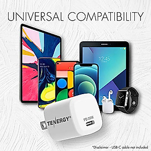 Tenergy USB-C Charger with PD 20W, Fast Charging iPhone 12/12 Mini / 12 Pro / 12 Pro Max / 11, Galaxy, Pixel 4/3, iPad Pro (Cable not Included)