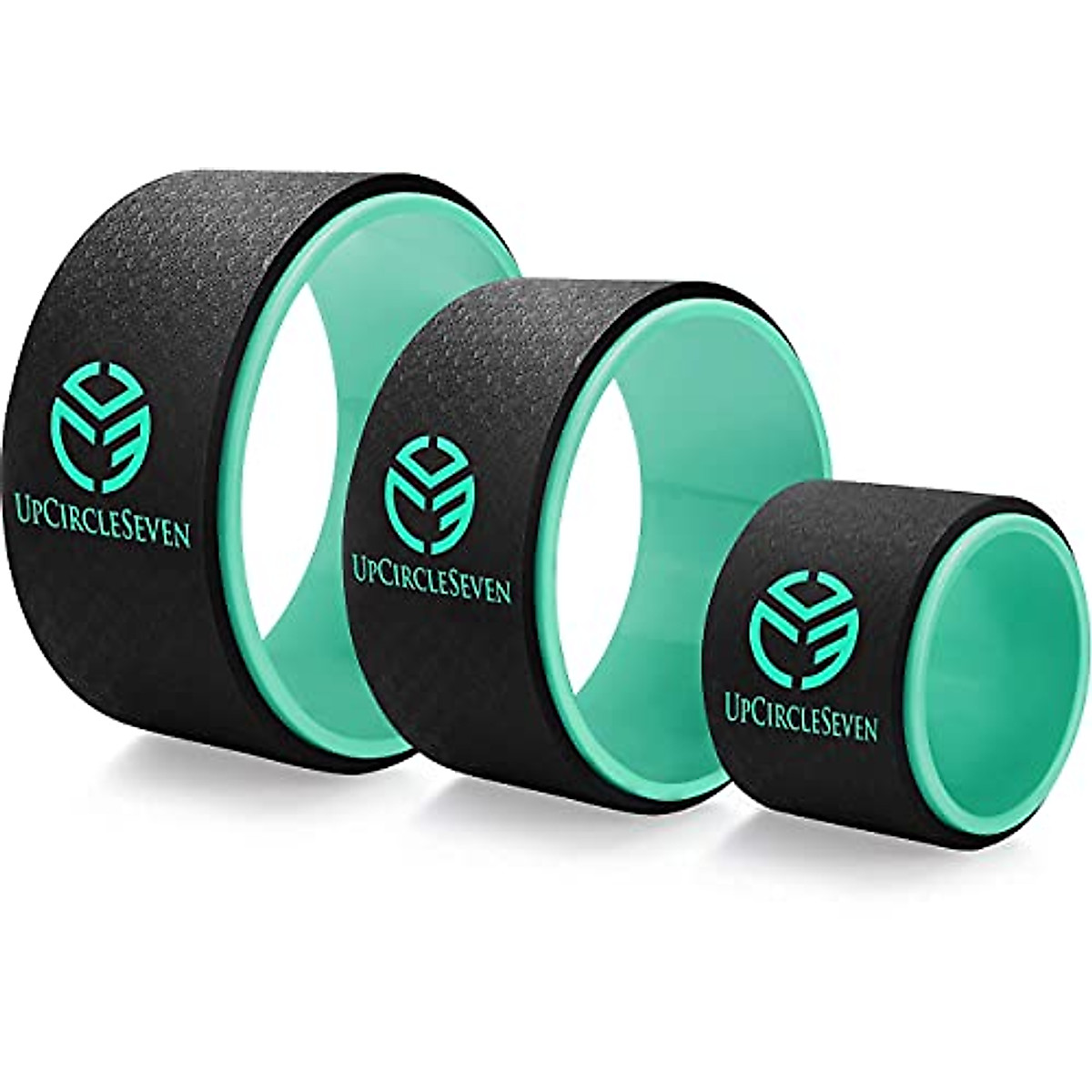 UpCircleSeven Yoga Wheel Set - Strongest & Most Comfortable Dharma Yoga Prop Wheel, 3 Pack for Back Pain Stretching & Backbends (12, 10, 6 inch) (Cyan)