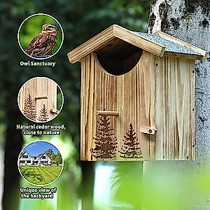 Owl House Barn Owl Box Screech Owl House with Bird Stand Great Horned Owl Box Bird Houses for Outside Large Handmade Wooden Rectangular Opening Bird Box,with Mounting Screws, Easy Assembly