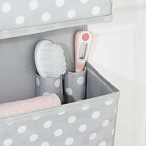 mDesign Fabric Baby Nursery Hanging Organizers for Over The Door Storage for Kids - 3 Pocket Organizer Caddy with Hooks for Clothing, School, Diaper, Toy, and Outfit Storage - Polka Dot, Gray/White