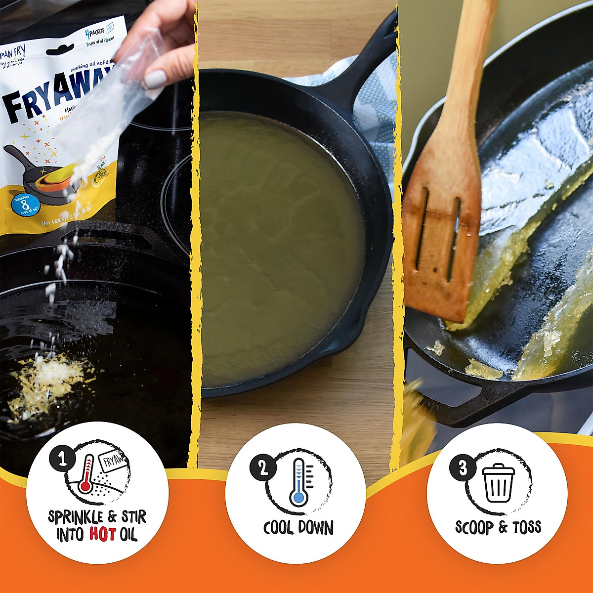 FryAway Pan Fry Waste Cooking Oil Solidifier Powder, 100% Plant-Based Cooking Oil Disposal, 1 Packet per 2 Cups of Oil, (Includes 4 Packets to Solidify 8 Cups / 2 Liters / 0.5 Gallon of Oil Total)