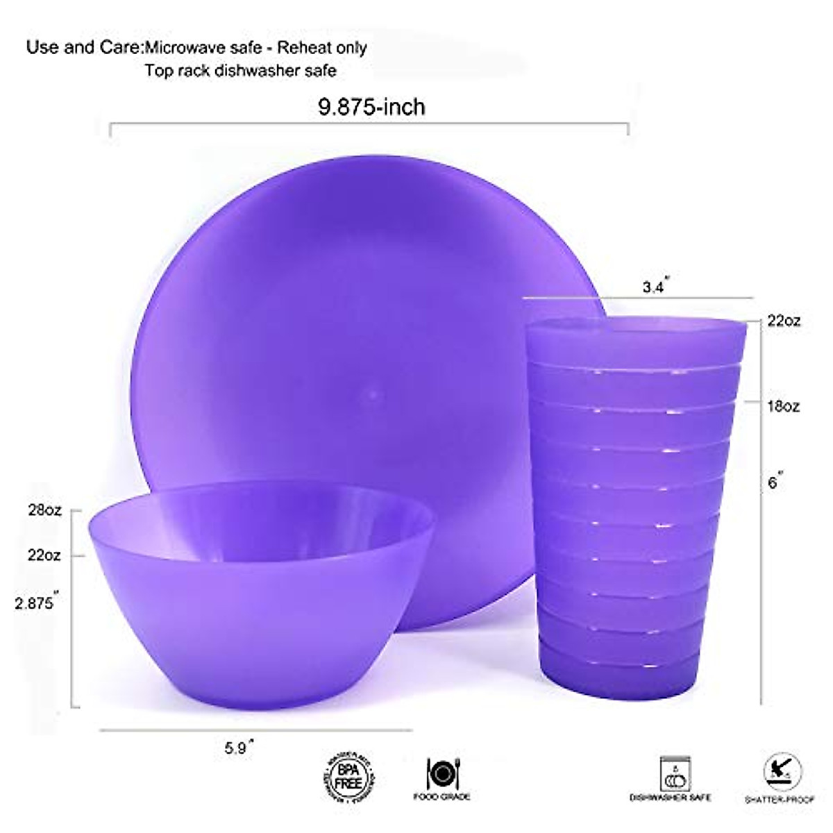 18-Piece Plastic Dinnerware Set, Unbreakable and Reusable Plastic Plates Plastic Bowls Plastic Tumblers, Multicolor