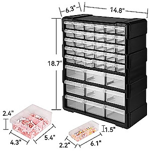 Elevon Hardware and Craft Cabinet 14.8" W x 6.3" D x 18.7" H, 39 Drawers, Black