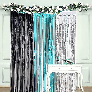Graduation Decorations 2023 Turquoise Black Silver Foil Fringe Curtains for 2023 Turquoise Graduation Party Photo Backdrop/Women Birthday Decorations