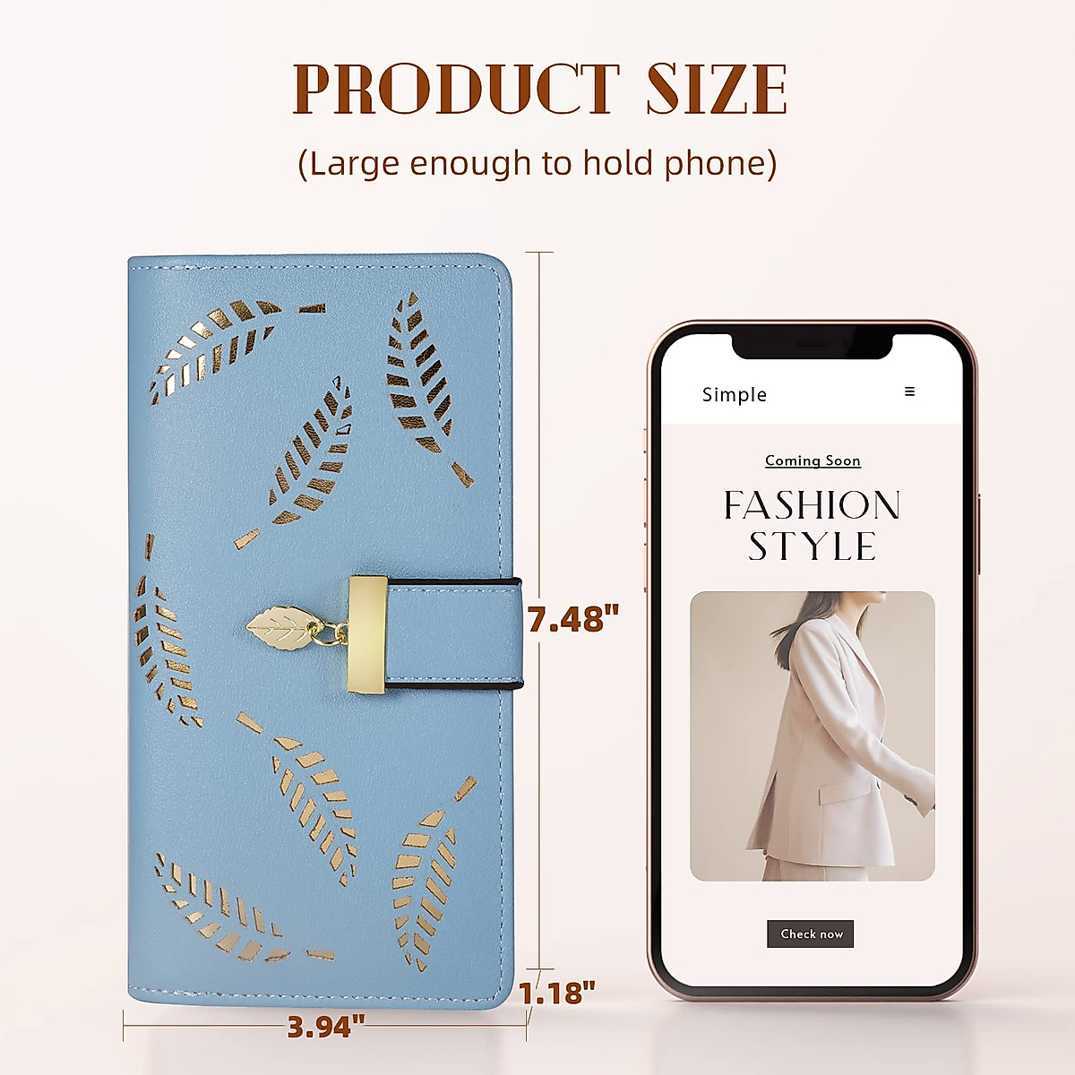 Sweet Cute Chocolate Women's Long Leaf Bifold Wallet Leather Card Holder Purse Zipper Buckle Elegant Clutch Wallet Handbag for Women-Blue