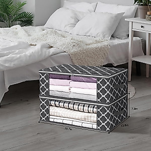 Fixwal Storage 4 Pack, Clothes Organizer Storage Bags, Foldable Storage Box with Large Clear, Foldable Comforter, Sheet Storage, Reinforced Handle, Sturdy Zippers, Clear, Blankets, 35L, Grey Pattern