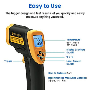 Etekcity Lasergrip 800 Temperature Gun-58℉ to 1382℉ with 16:1 DTS Ratio, High Laser Temp IR Tool for Cooking, Grill, Pizza Oven, Griddle, Engine, HVAC, Not for Human, Yellow
