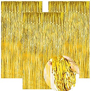 Gold Foil Fringe Curtains 3Pack - Metallic Foil Tinsel Backdrop 3.3 x 6.6 Ft Glitter Streamers Ribbon Fringe Tinsel Gold Shiny Background for Fathers Day 4th July Decoration Birthday Wedding Party