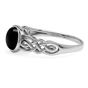 Silvershake 7mm Natural Round Shape Black Onyx White Gold Plated 925 Sterling Silver Celtic Knot Solitaire Ring Size 7
