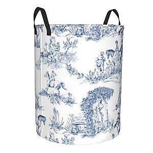 Laundry Hamper With Handles-Unique Toile Design Blue Laundry Basket-Round Storage Bin Dirty Clothes Basket