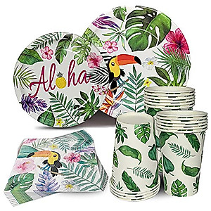 HIPEEWO Hawaiian Aloha Party Decorations - Luau Tropical Party Supplies, Including Plates, Napkins, Hawaiian Theme Cups for Tiki Summer Pool and Tropical Birthday Party Serves 16 Guests 64 PCS