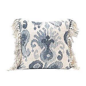 Creative Co-Op Stonewashed Woven Cotton Blend Ikat Pattern & Tassels, Blue & Cream Color Pillow, 1 Count (Pack of 1), Blue & Grey