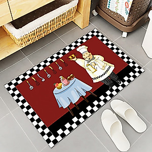 Kitchen Rugs and Mats Chef Kitchen Gourmet Black White Buffalo Plaid Floor Mats Non-Slip Doormat Washable Kitchen Runner Rug for Kitchen Home Office Sink Laundry (2 Piece, 19.7"x31.5"+19.7"x63")