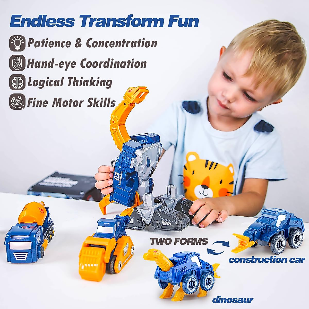 Construction Trucks Toy Dinosaur Vehicles Magnetic Set, 5-in-1 Educational STEM Building Car Kit, Transform to Big Robot, Holiday Birthday Present for Toddler Kid 3 4 5 6 7 Year Old Boys Girls