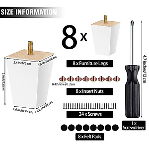 TURSTIN Set of 8 Wood Furniture Legs 3 Inch Square Solid Wood Sofa Legs Natural Wooden Couch Legs Replacement Legs for Furniture Armchair Bed Dresser Cabinet or DIY Projects, White