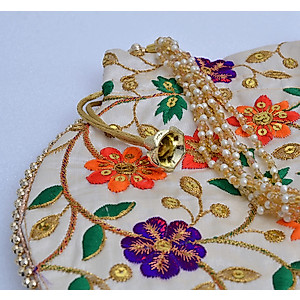 Truesellershop Designer Embroidered Potli Bag for Women Indian Ethnic Embroidered Printed Silk Batwa Pearls Handle Purse Clutch Off White